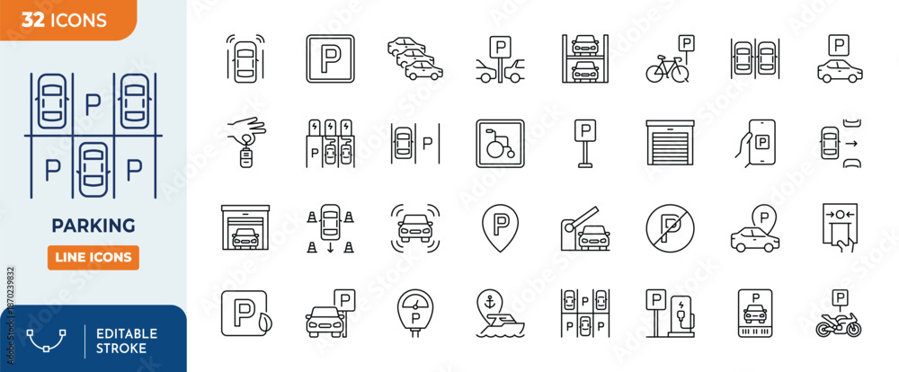 Parking line editable icon set. Contain icons related to parking ...