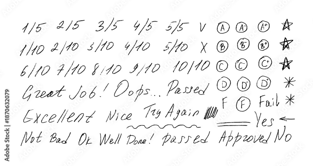 Hand-drawn school marks and exam grade symbols. Doodle pen checkmarks ...
