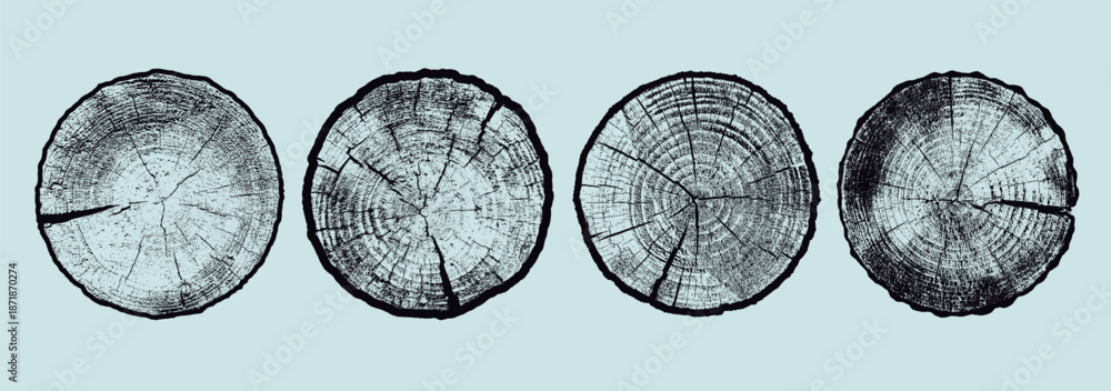 Three detailed tree ring patterns with brown wood grain texture set ...