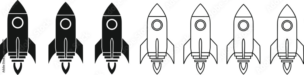 Rocket ship clipart set in solid and outline styles for space themes ...