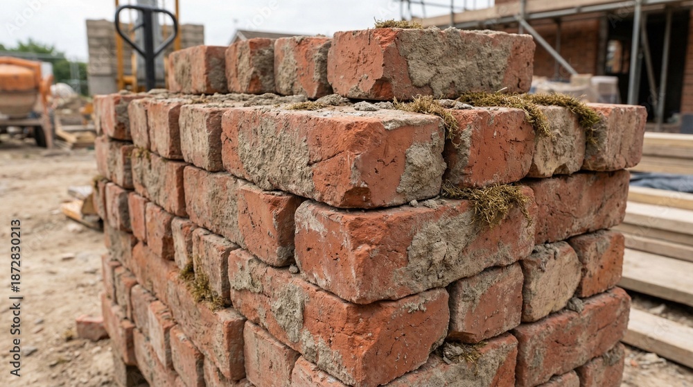 Stack of weathered reclaimed red clay bricks with mortar and moss ...