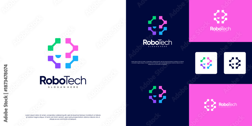 Interconnected molecular logo in the shape of a robot head, modern ...