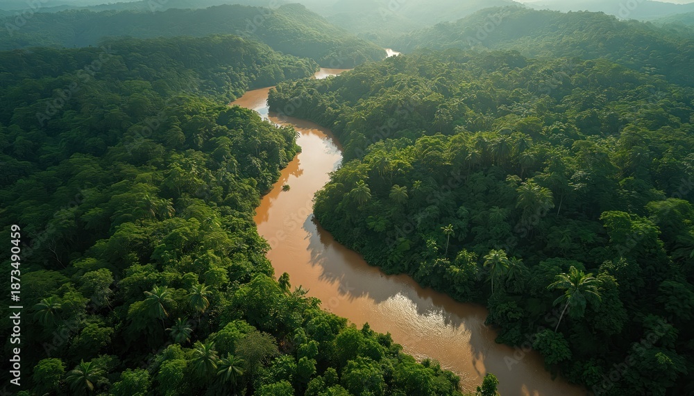 Aerial view shows Amazon rainforest. River winds through dense green ...