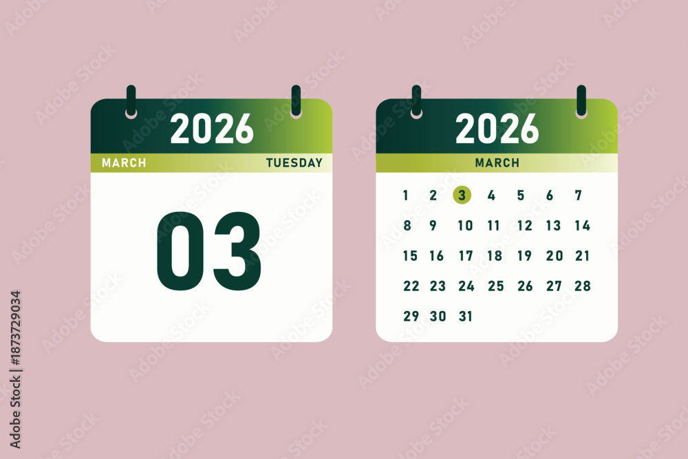 Modern March 2026 calendar design showing Tuesday, March 3, with clean ...