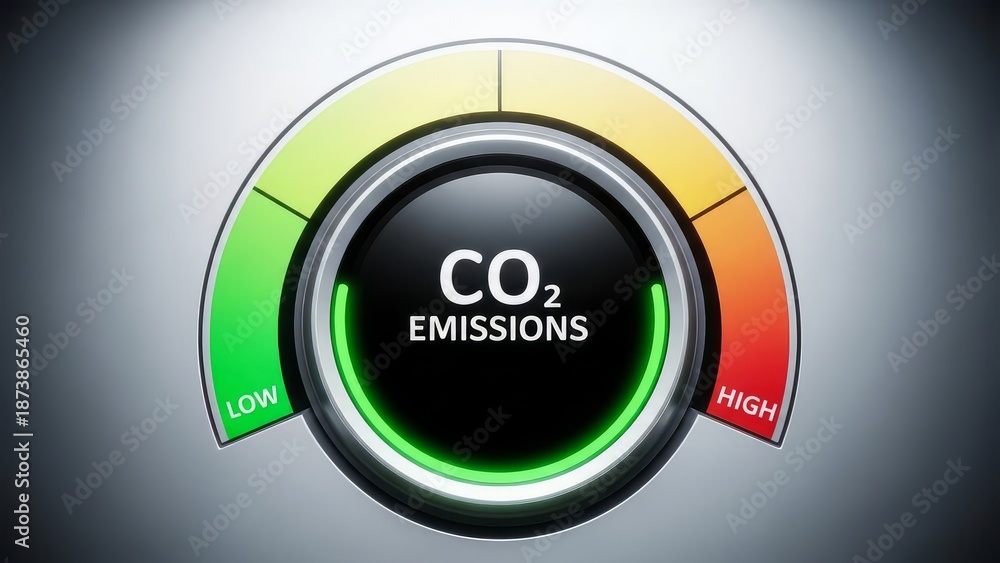 Carbon dioxide emissions meter with low to high gauge indicator showing ...