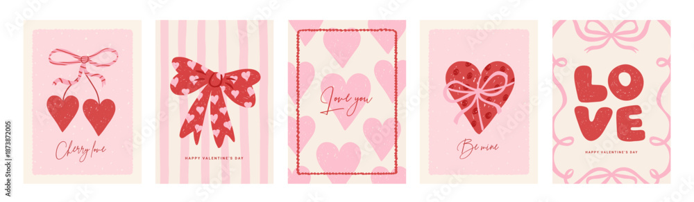 Set of girly coquette greeting cards for Valentine's Day. Romantic ...