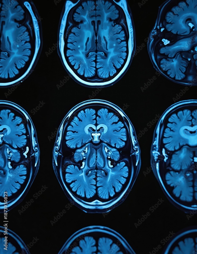 Brain MRI scans show axial views of human head with detailed neural ...