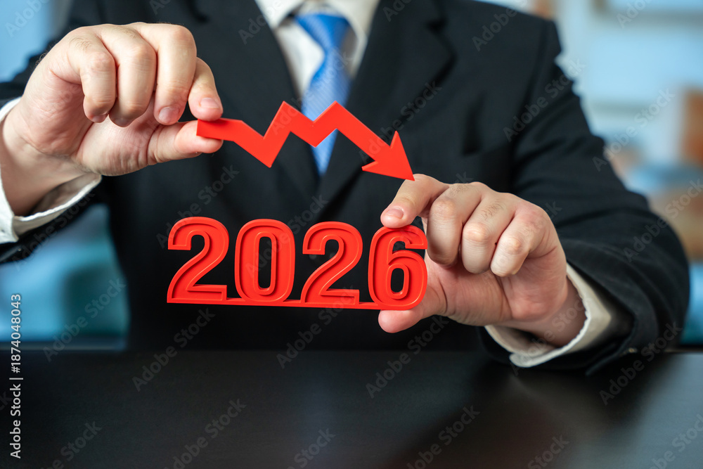 2026 with downward arrow. Declining trend, decrease, drop, financial ...