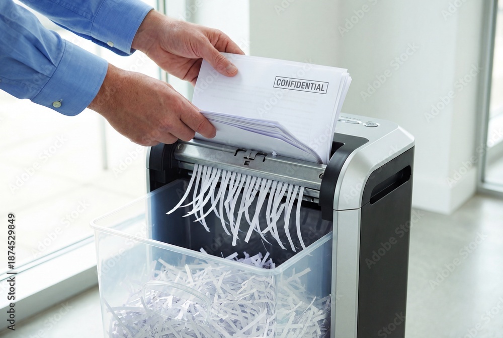 Foto de Stock Man feeding sensitive documents into a paper shredder for ...