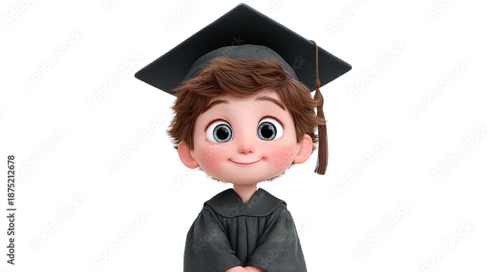 Cute 3D animated boy graduate wearing a square black mortarboard cap ...