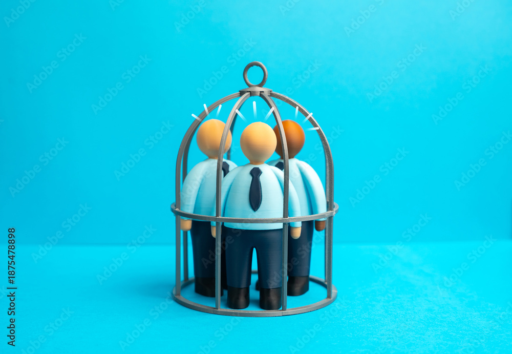 Office workers in a cage. Restrictions on staff, constraint, and ...