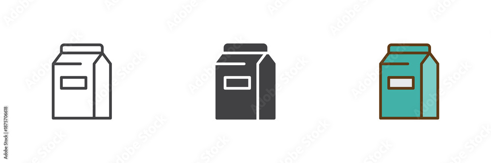 เวกเตอร์ Stock Milk carton package different style icon set. Line ...