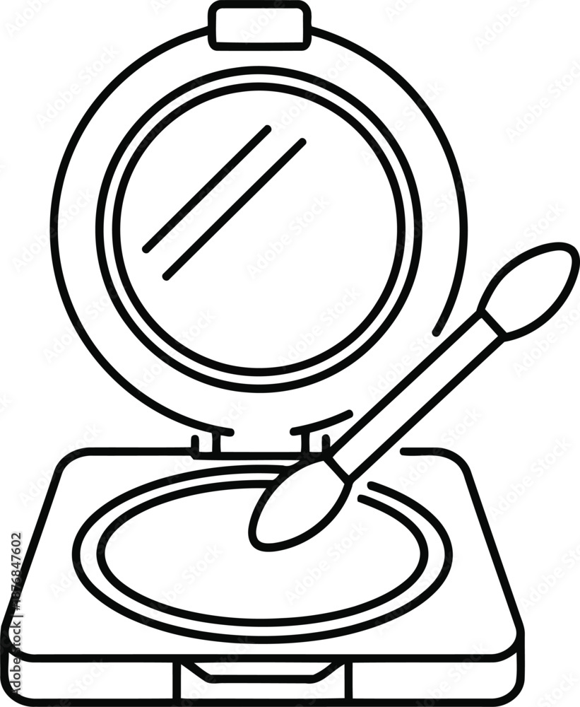 Line art illustration of round makeup compact with mirror and sponge ...