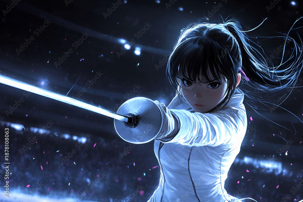 Anime girl fencer in action with sword in dynamic stadium setting Stock ...