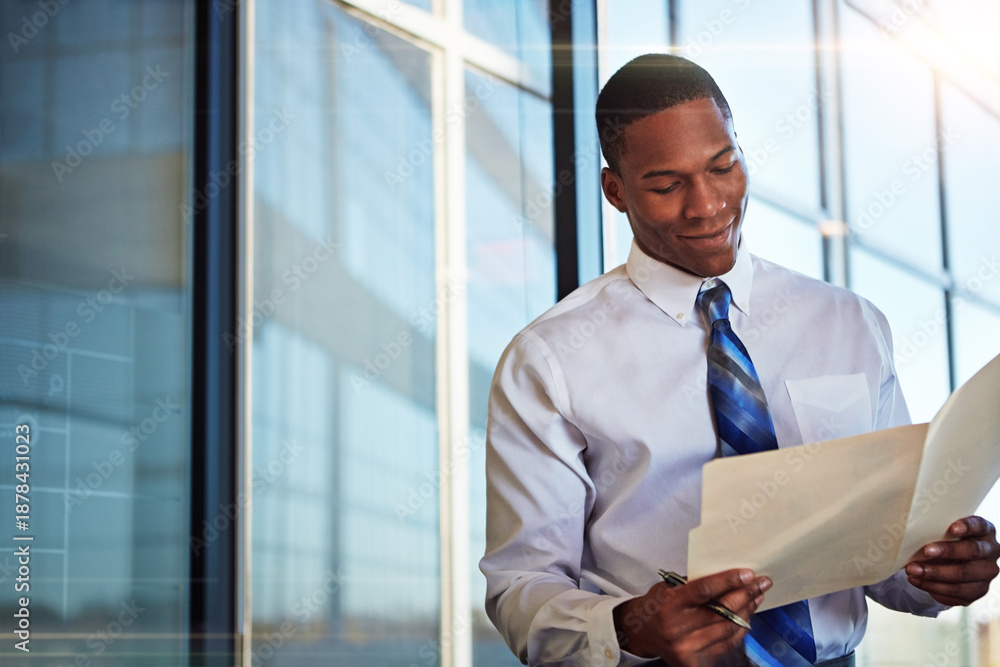 Photo Stock Black man, lawyer and smile with folder in office for case ...
