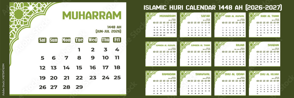 Vector de Stock Islamic hijri calendar for Arabic All Month 2026-2027 ...