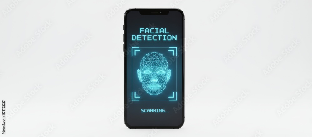 Foto de Stock Smartphone screen showing a blue wireframe face mesh with ...