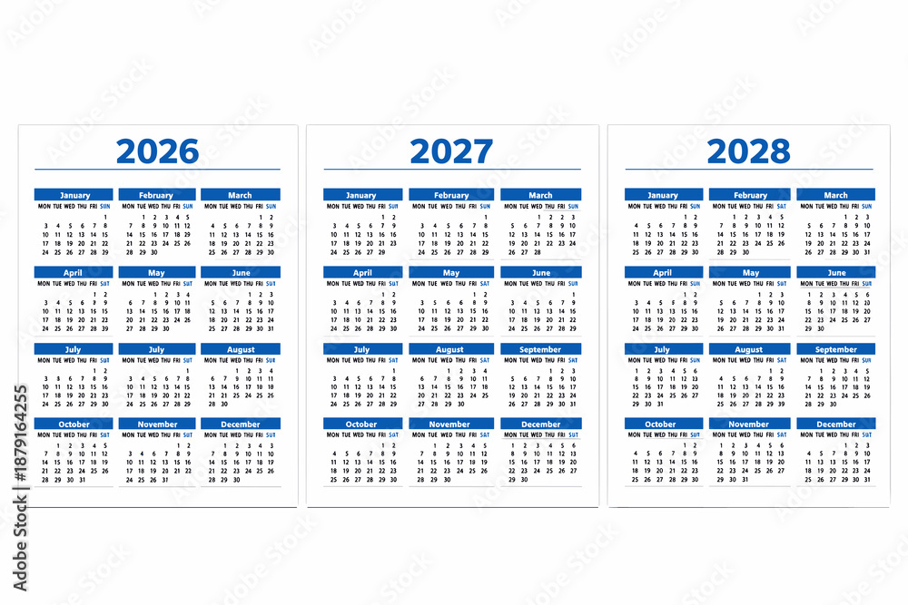 Three-year calendar for 2026, 2027 and 2028 in a compact format ...