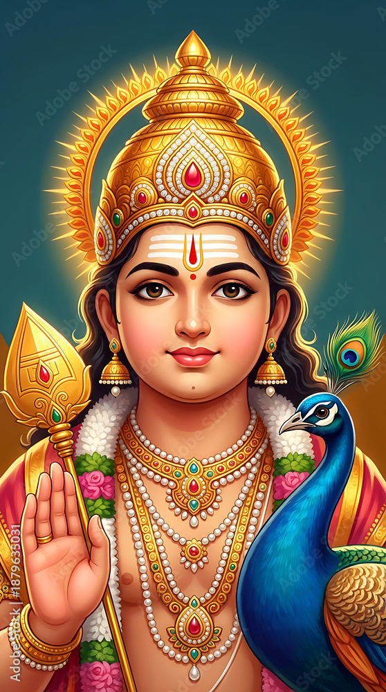 Beautiful portrait of lord murugan wearing golden crown and holding vel ...
