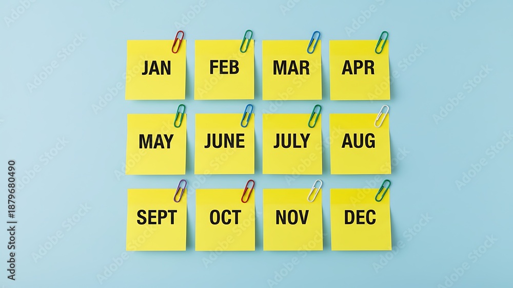 Twelve yellow sticky notes with abbreviations of months Jan to Dec ...