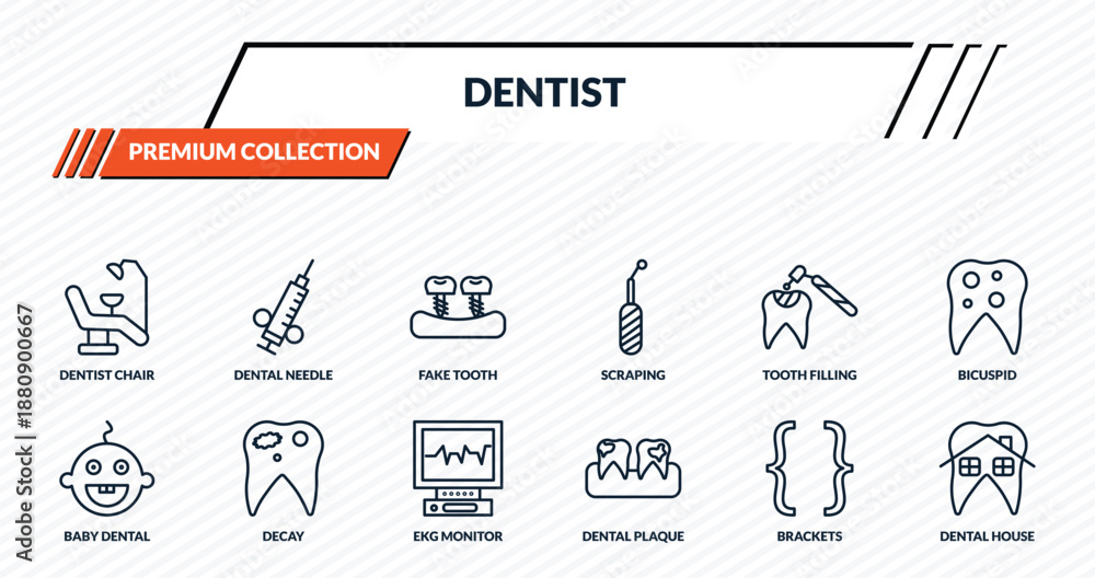 dentist icons set - dentist chair, dental needle, fake tooth, decay ...