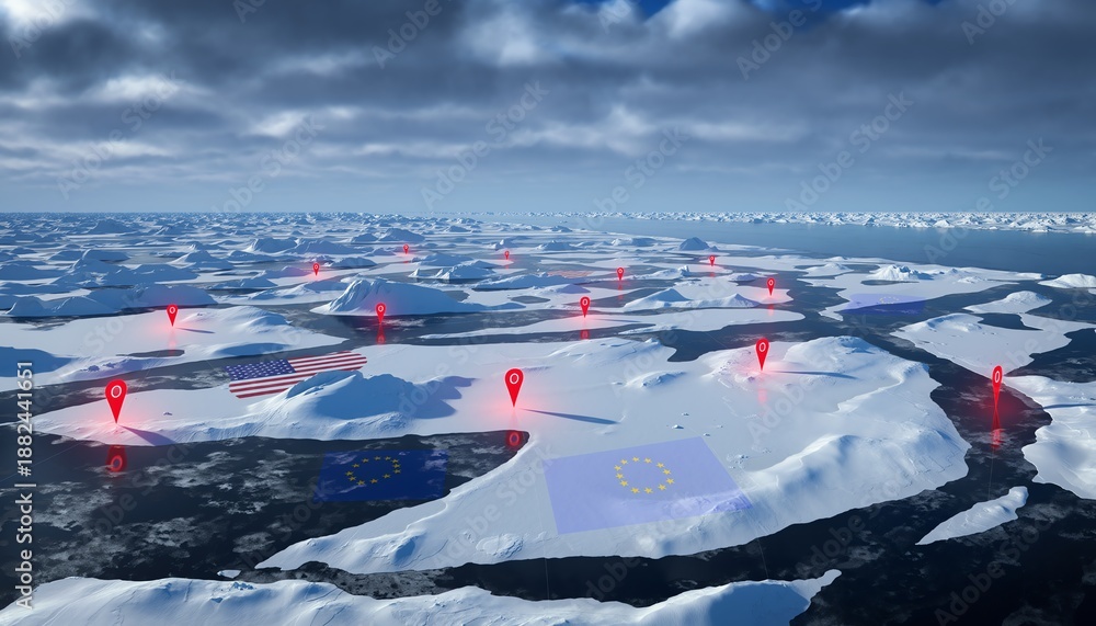 Arctic, ice, claims, marked, territory. Geopolitical map pins highlight ...