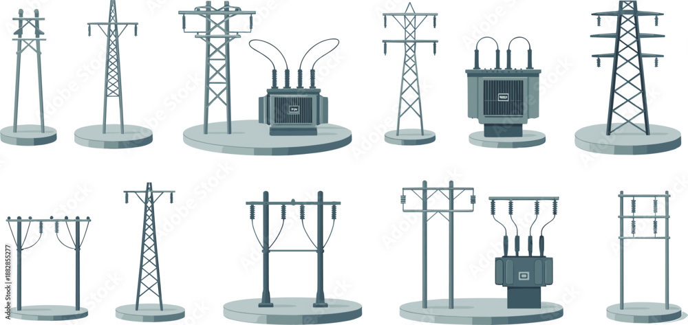Isometric electrical power infrastructure set showing transmission ...