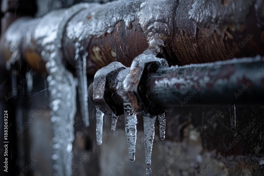 Close up of frozen pipes covered in ice and icicles during a winter ...