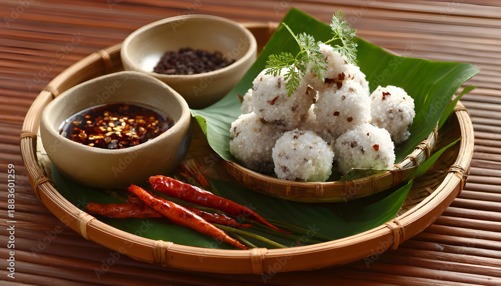 Thai snack featuring sweet tapioca pork dumpling balls, highlighting ...