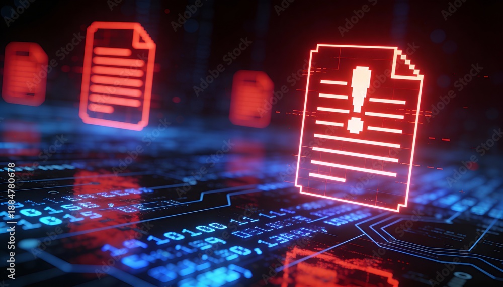 Glowing Red Digital File Icons with Exclamation Mark. 3D Illustration ...