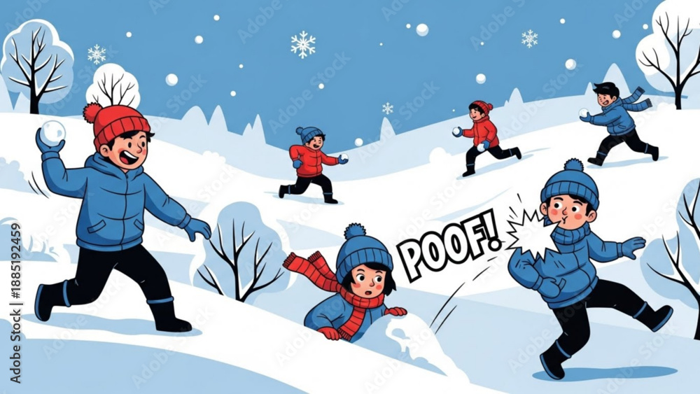 Image vectorielle Stock Children playing a snowball fight in a snowy ...