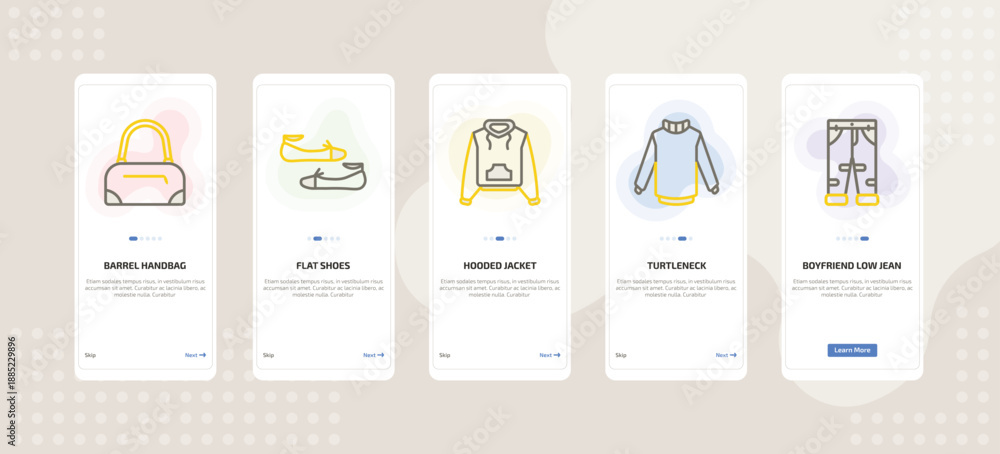 onboarding screen template for clothes mobile app ui with barrel ...