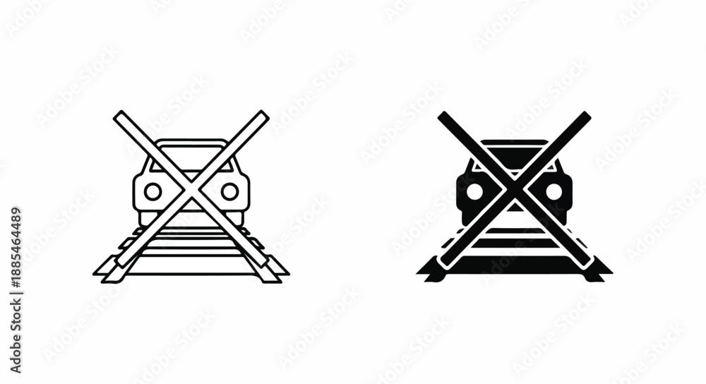 Two black and white railroad crossing signs with an X marked through ...