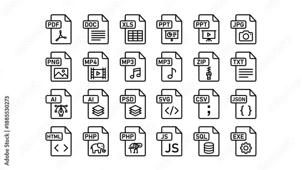 File type icons set. Document format symbols. Line vector illustration ...