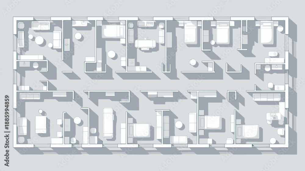 Architectural floor plan of a building with multiple rooms and ...