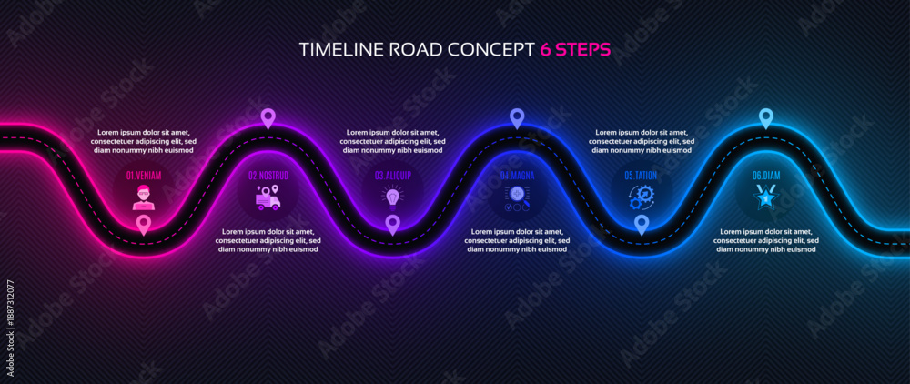 Timeline infographic 6 steps timeline concept. Winding road. Stock ...