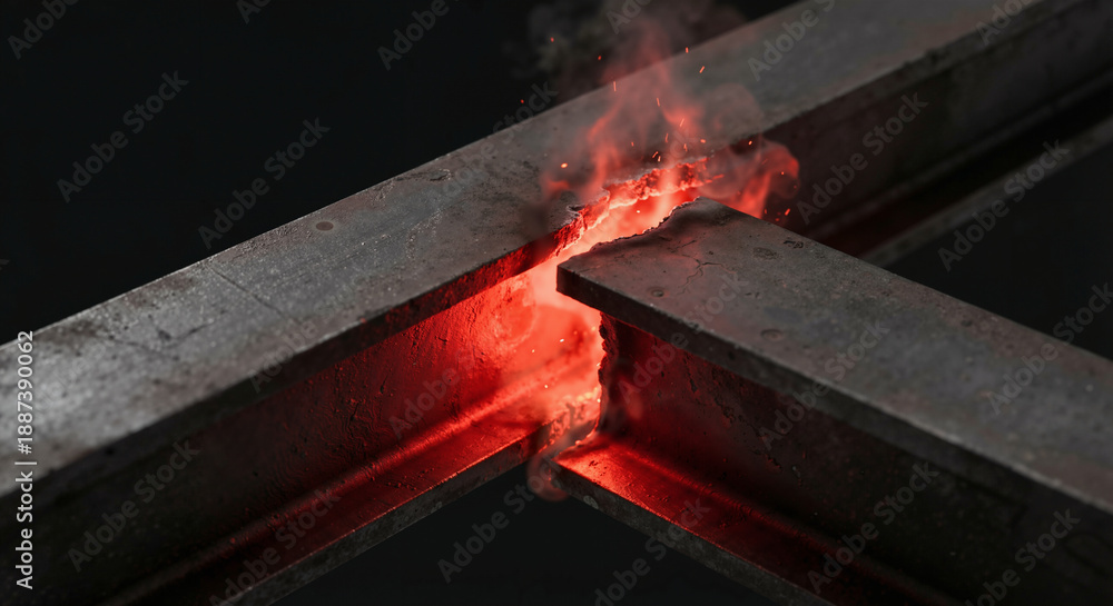 Heavy industrial steel I-beams showing a glowing red hot crack with ...