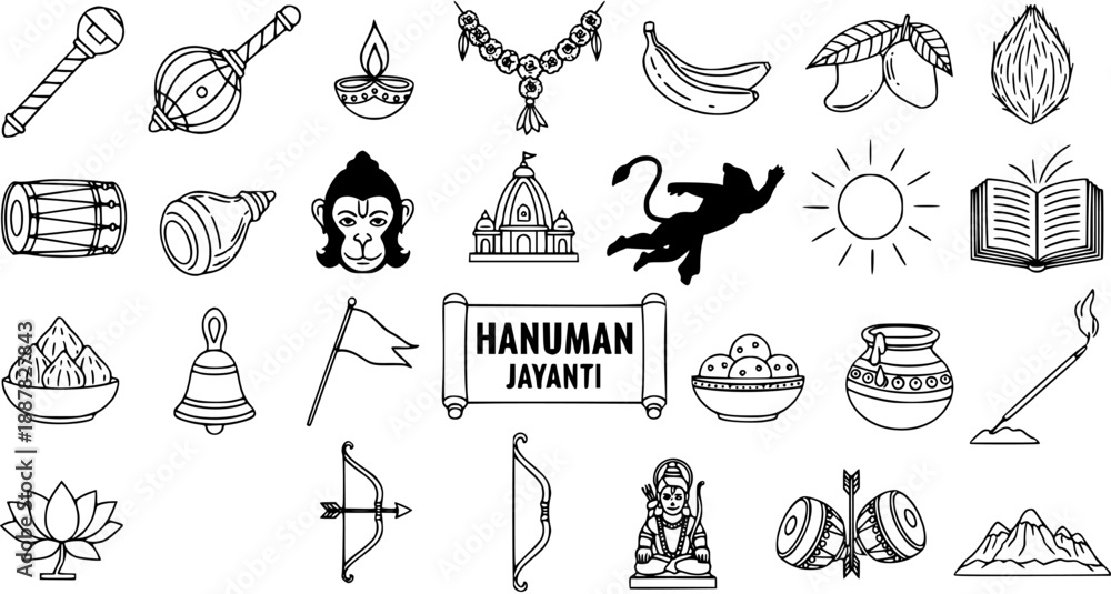 Stock-Vektorgrafik „Hanuman Jayanti Vector Icons: Line Art Symbols of ...