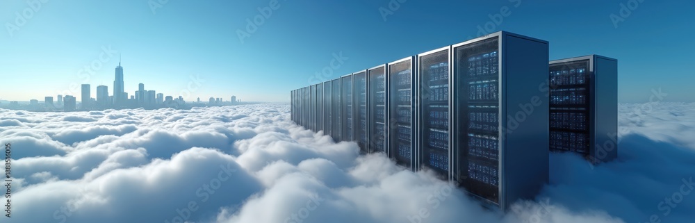 Servers are in clouds near city skyline. Computer racks rise above mist ...