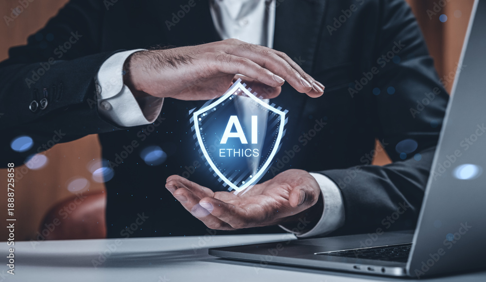 Businessman holding virtual AI ethics shield with his hands symbolizing ...