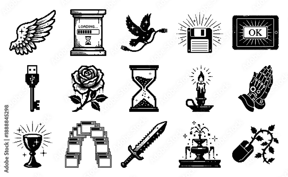 Pixel Art Cyberpunk Medieval Engraving Element Kit for Retrowave Web ...