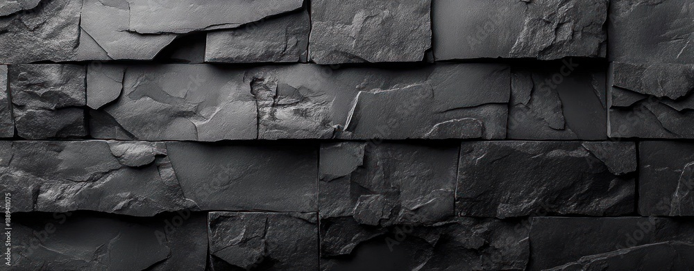 Stock-Foto „dark stacked slate stone wall of rough layered slabs with ...