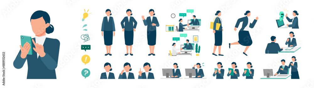 Working woman pose set with AI usage and remote work scenes showing ...