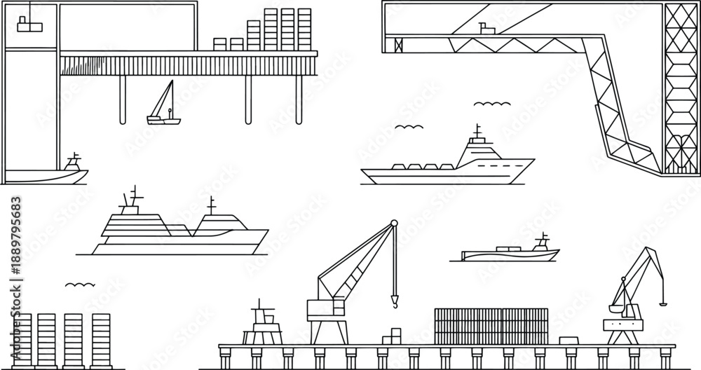 Black and white line art depicts various maritime vessels and port ...