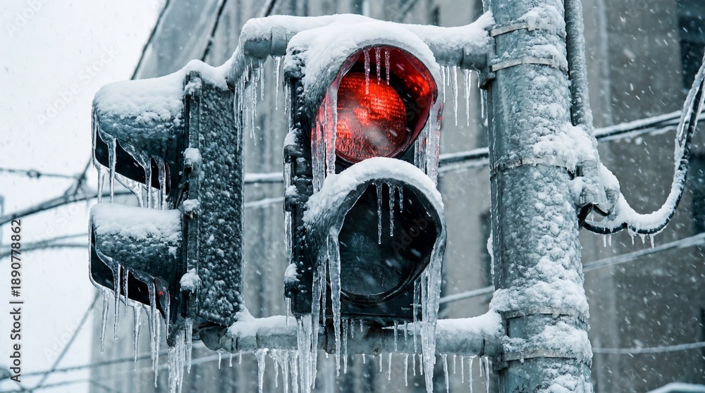 Fotografie Frozen Traffic Light with Icy Signal and Snow Stoplight ...