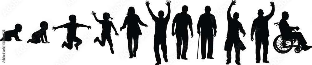 Silhouette sequence illustrating human life stages from infancy to old ...