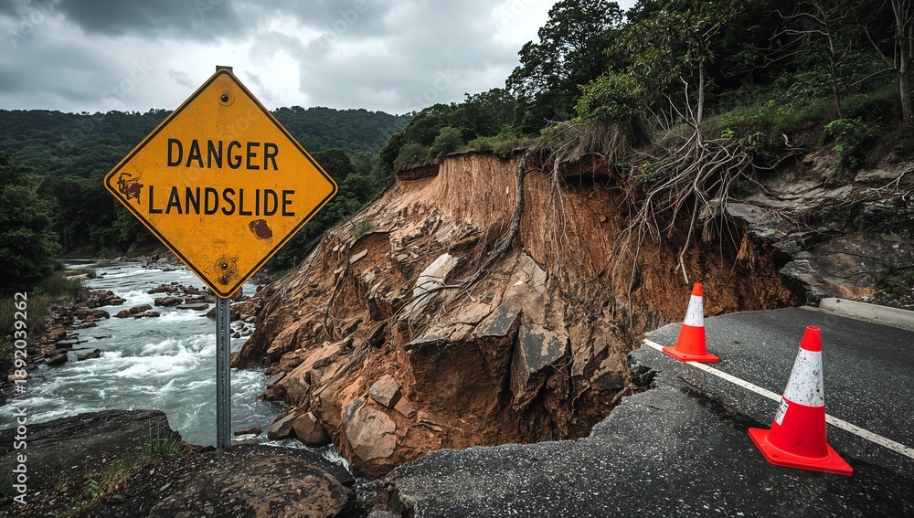 Urgent Landslide Danger Collapsed Road, Erosion Hazard, and Safety ...