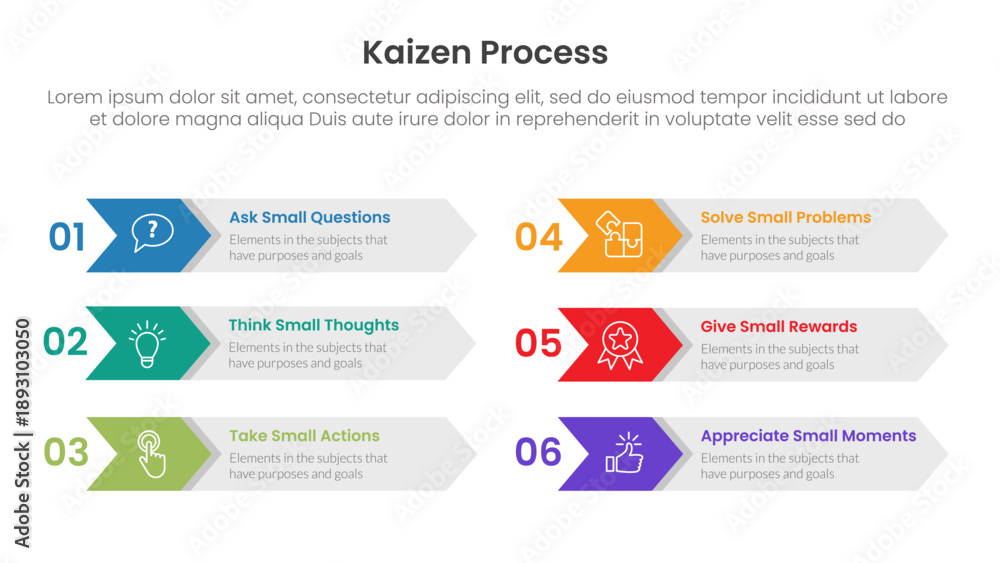 kaizen process infographic with box table arrow shape with 6 step ...