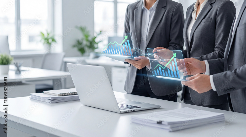 Business team collaborating around digital analytics panels showing ...