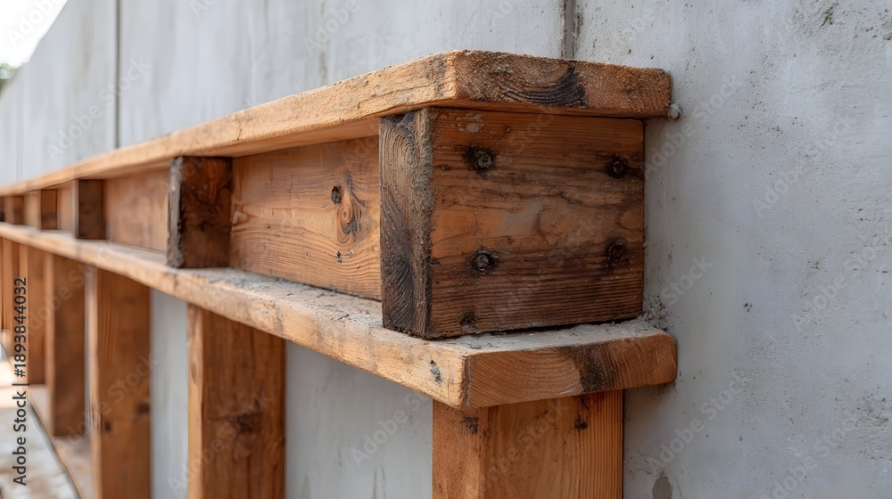 Wooden formwork attached to a concrete wall during construction Stock ...